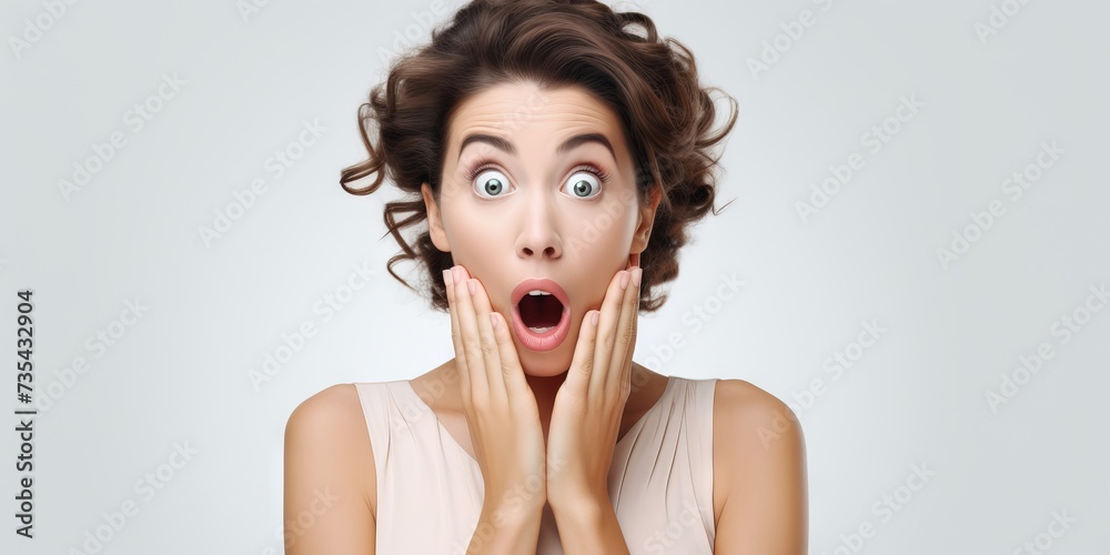 Shocked woman with hands on cheeks, open mouth, wide eyes. Concept of ...