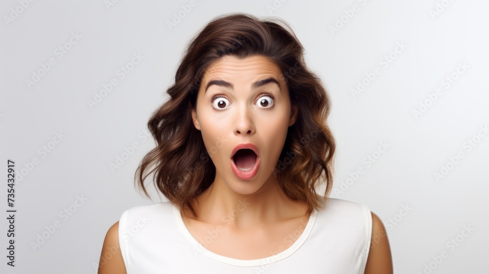 Excited Brunette Woman With A Shocked Expression Wide Eyes Open Mouth