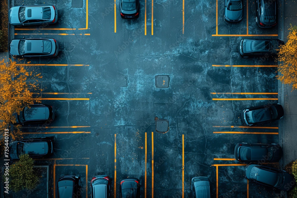 An abstract shot of an overhead view of a parking lot with neatly ...