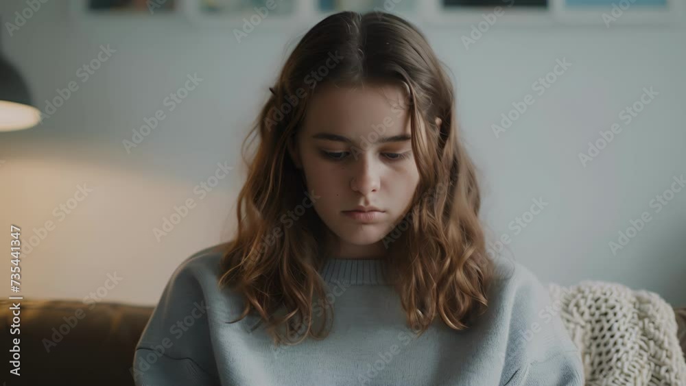 A teenage girl sitting alone with a sad expression on her face as she ...