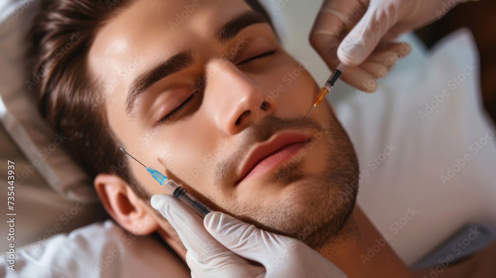 A man's face is transformed as he receives a botox injection, his skin ...