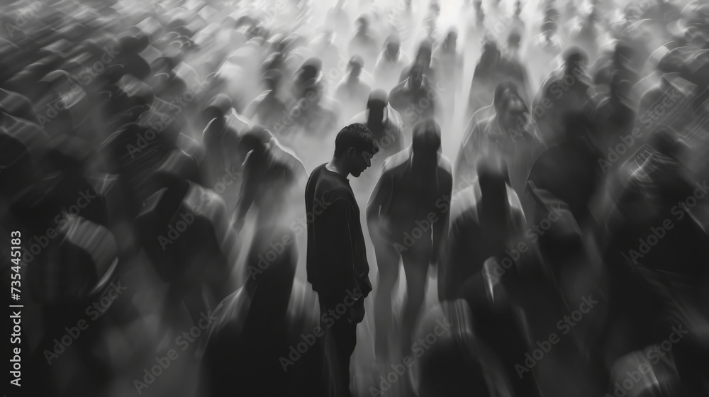 A lone figure stands out amidst the monochromatic sea of people, his ...