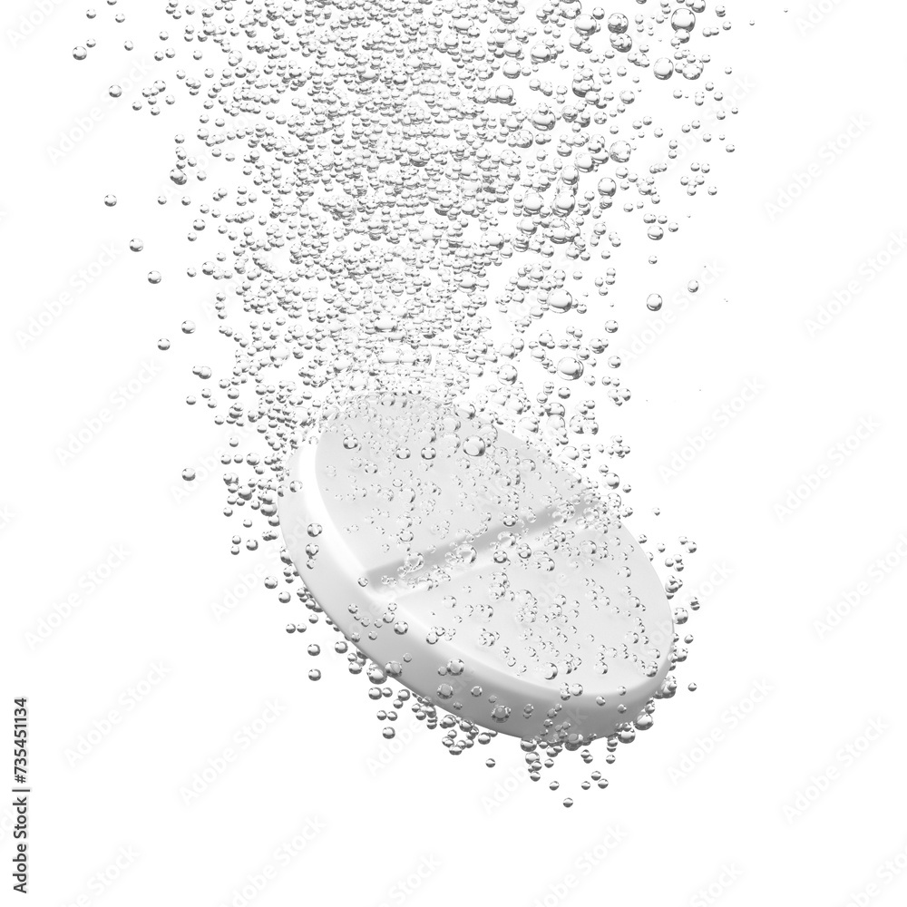 Effervescent pill falling with half transparent bubbles. Fizzy tablet dissolving. Png clipart ...