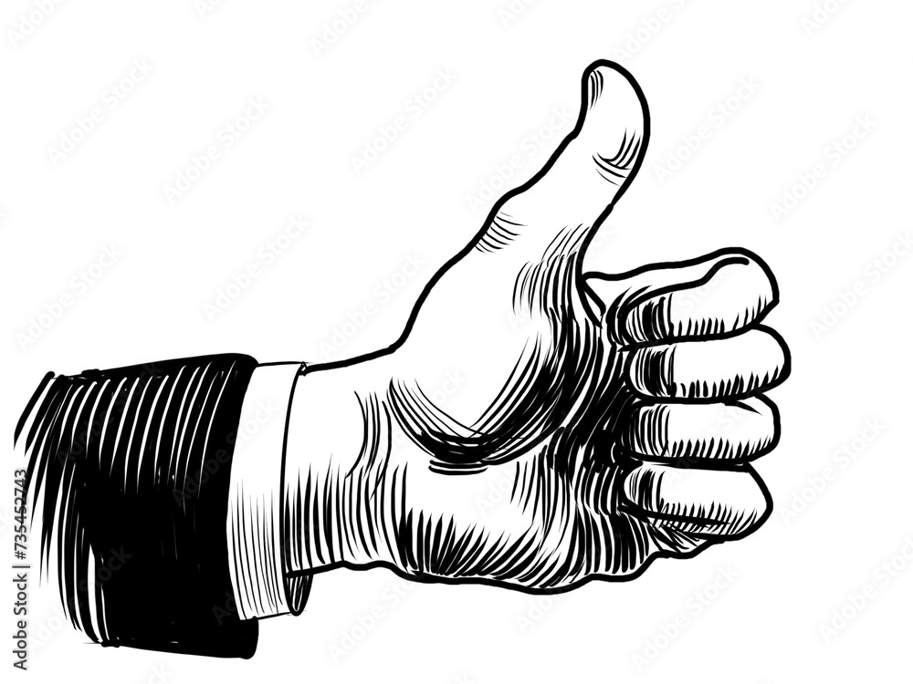 Hand showing big thumb. Hand-drawn black and white illustration Stock ...
