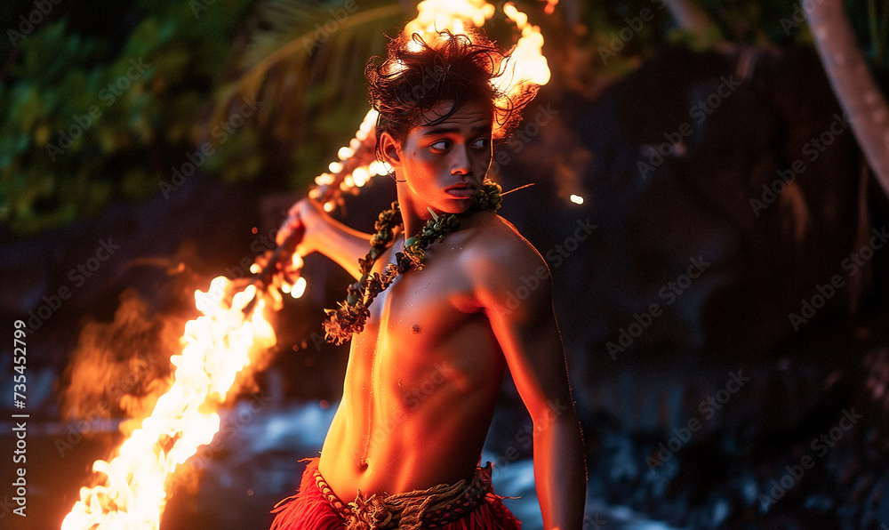 Hawaiian fire dancer performs at a luau at night Stock-Foto | Adobe Stock