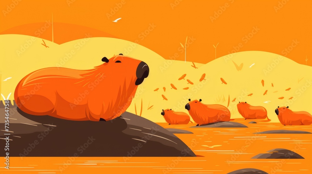 Lots of minimalist illustrations with capybaras in Orange color Stock ...