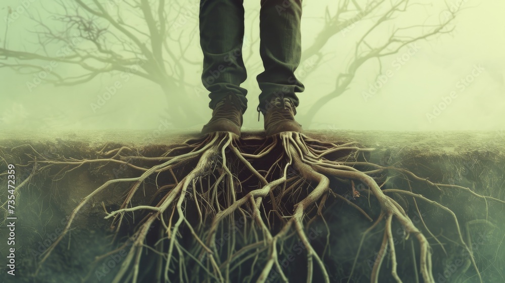 A person stands among the foggy landscape, their feet rooted to the ...