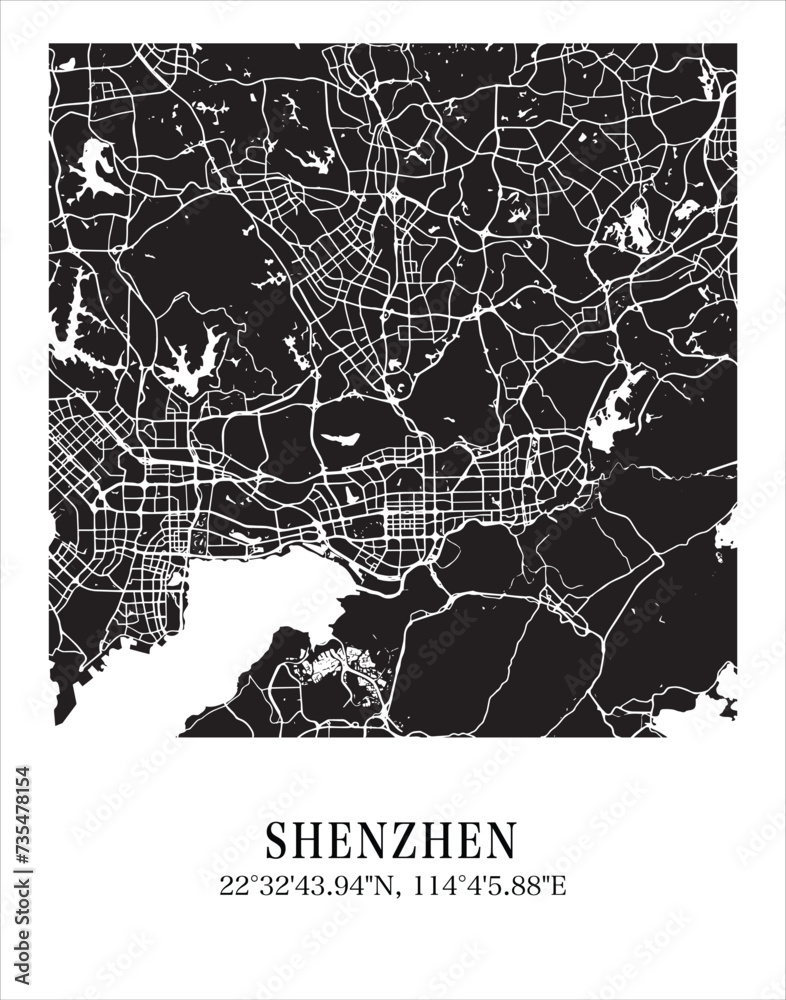 Shenzhen city map. Travel poster vector illustration with coordinates ...