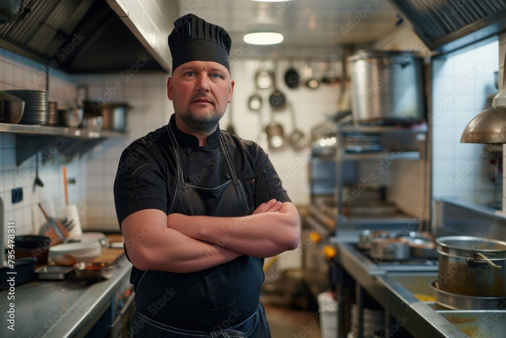 Master Chef: Confident Male in Black Chef Attire Commands the Kitchen ...