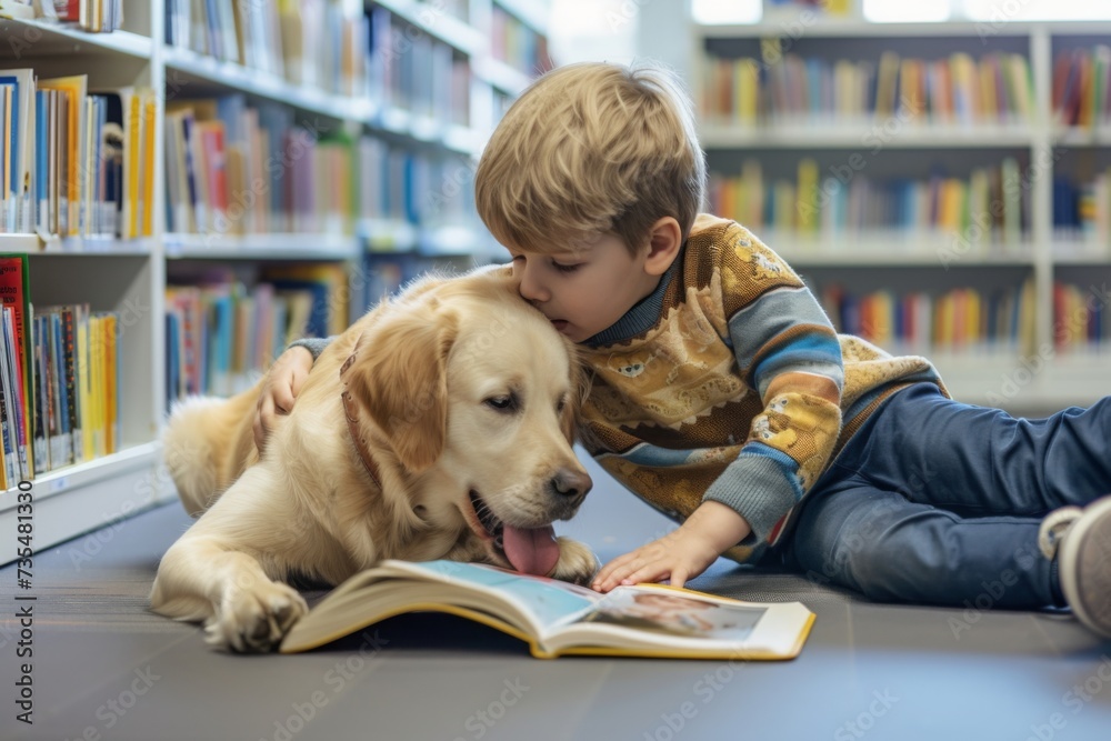 Little boy engages in reading to specially trained dog in the library ...