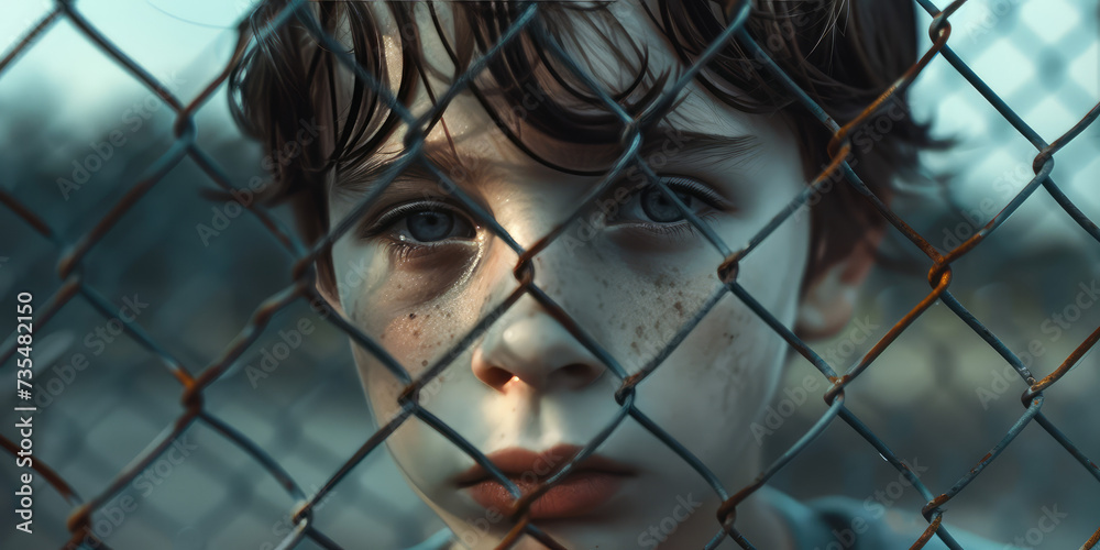 Contemplative Boy Behind Fence. Close-up of a sad lonely young boy ...