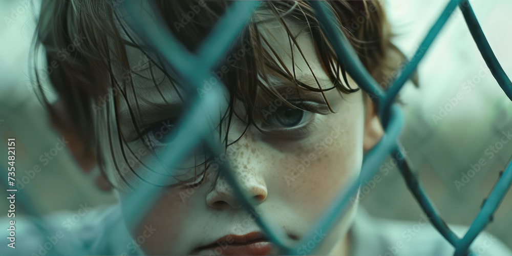 Contemplative Boy Behind Fence. Close-up of a sad lonely young boy ...