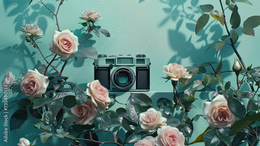 arrangement of an antique or vintage camera, roses and leaves to find ...