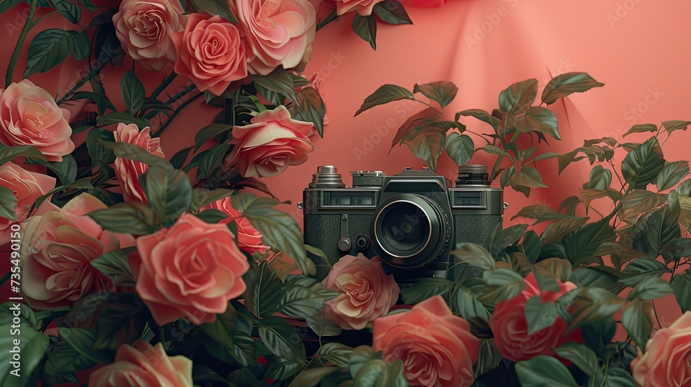 arrangement of an antique or vintage camera, roses and leaves to find ...