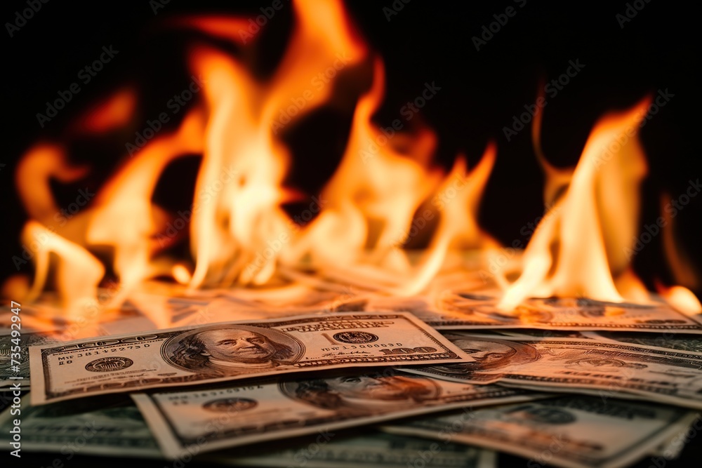 A photograph showing a stack of money sitting on a blazing heap of fire ...