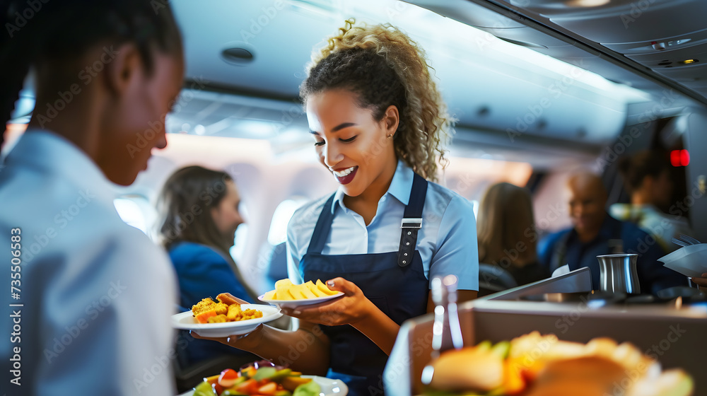 A photo of a flight attendant serving passengers food and drinks. a ...