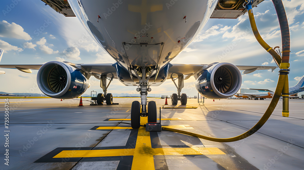 A photo of a commercial airplane being refueled. Close-up of an ...