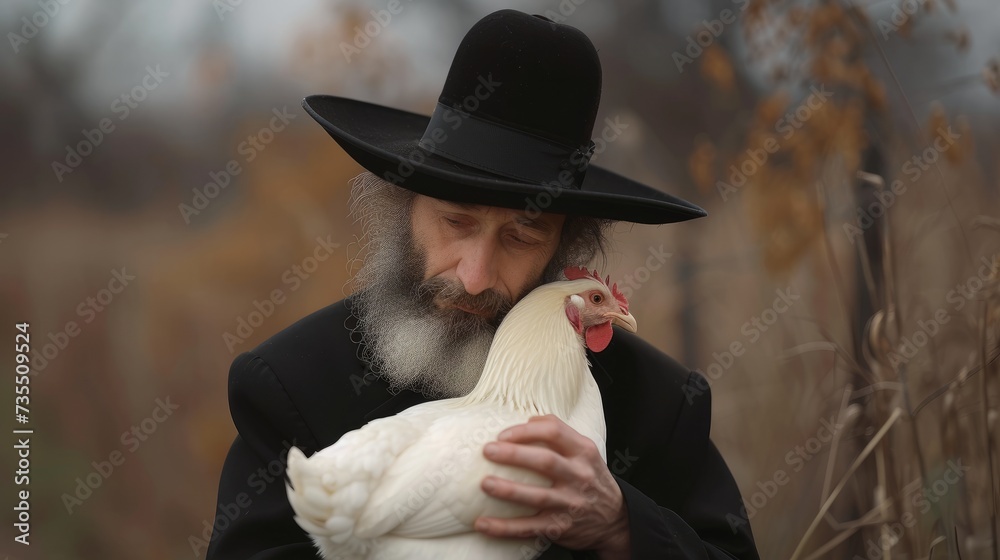 Jewish father Hassidic with dark black fedora hat holding with one hand ...