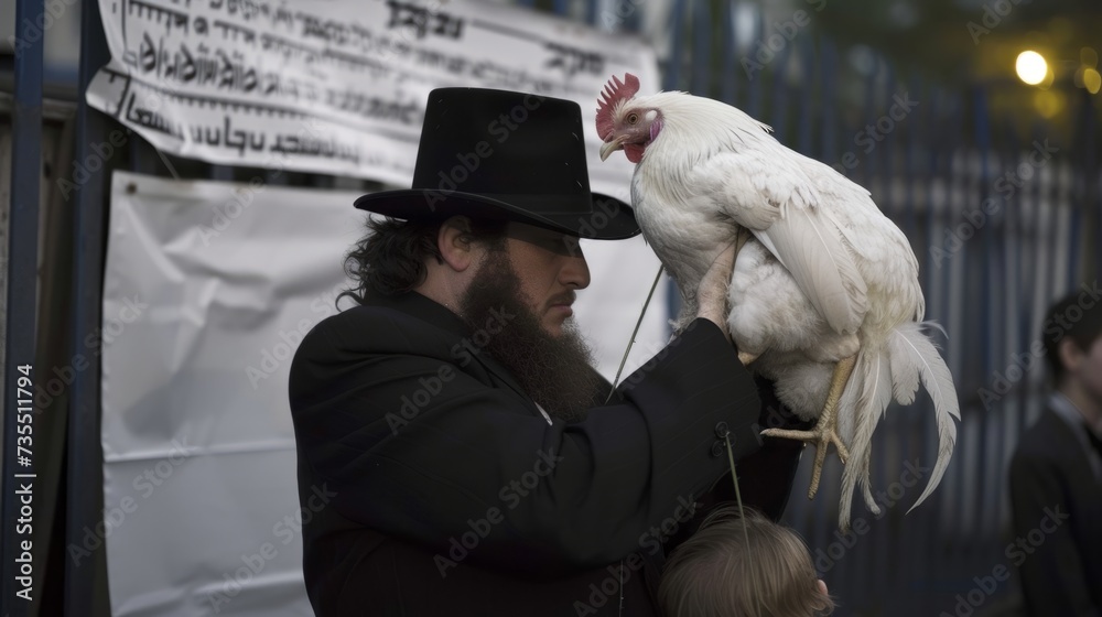 Jewish father Hassidic with dark black fedora hat holding with one hand ...