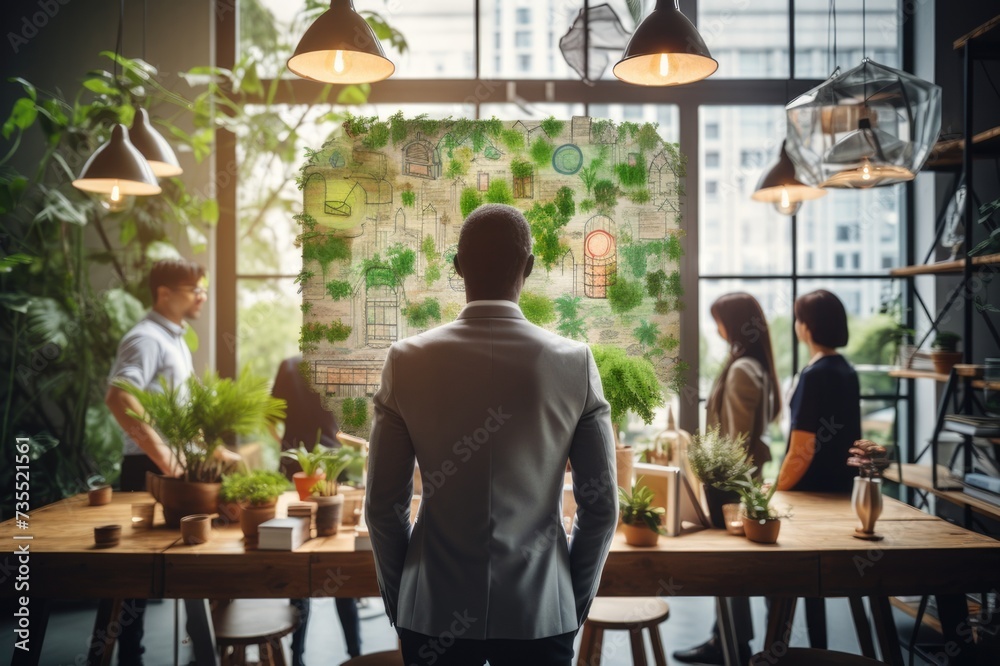 Multicultural team collaborates over a detailed green architectural ...