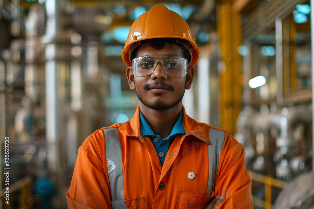 A blue-collar india engineer donning his orange hard hat and safety ...