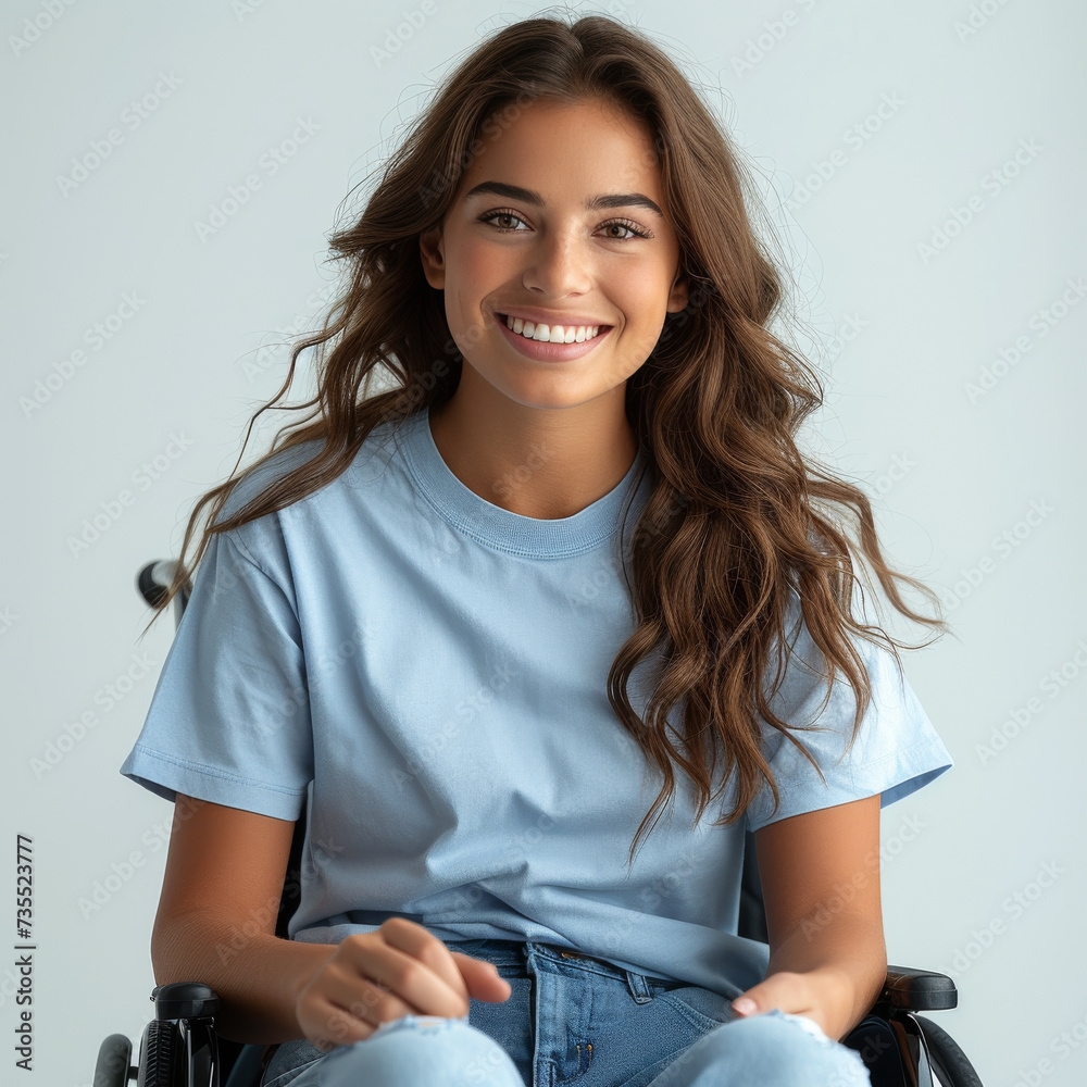 A fashionable woman in a wheelchair exudes joy as she sits casually ...