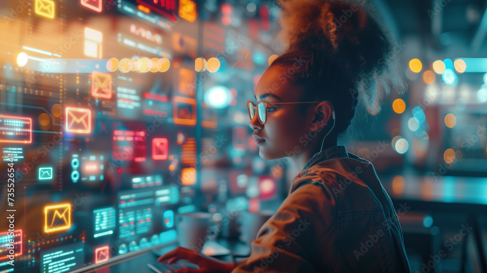 teenagers immersed in social media interaction, digital icons floating ...