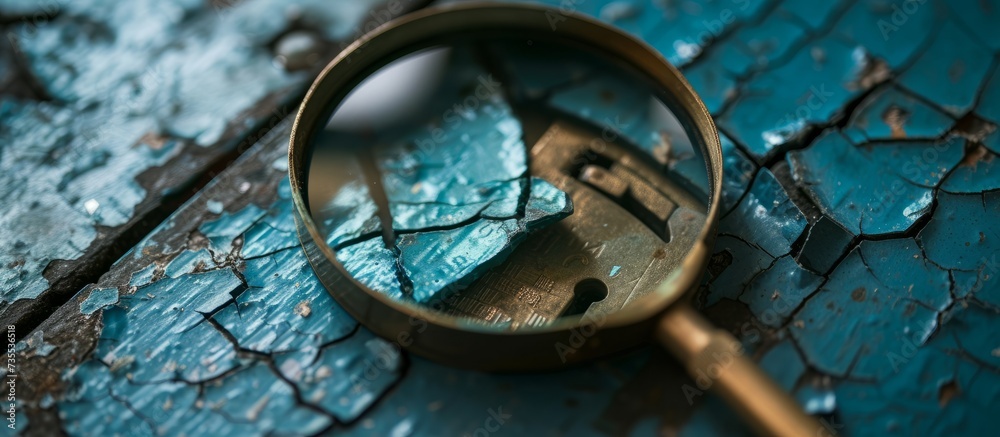 Close-up of a magnifying glass examining a broken glass with cracks and ...