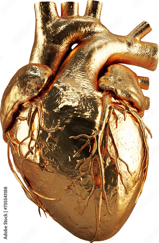 image of a golden metallic human heart isolated on a transparent ...