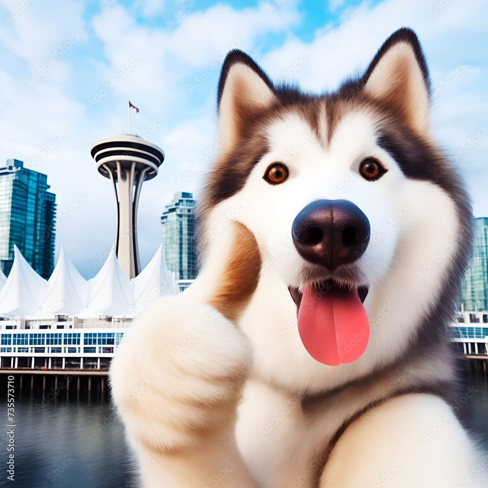 Puppy Husky Snow Dog taking selfie, Thumbs Up, Happy doggy smiling and ...