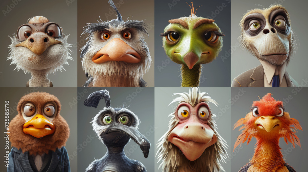 A series of animated bird faces with different expressions, AI Stock ...