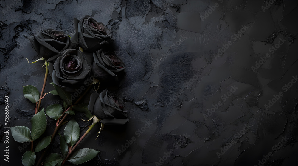 Dark Black roses on black background, web banner. Mourning moody ...