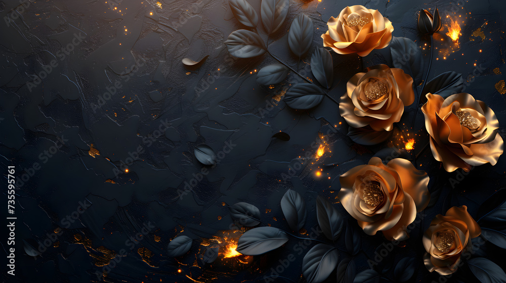 Golden roses on black background, web banner. Mourning moody flowers ...