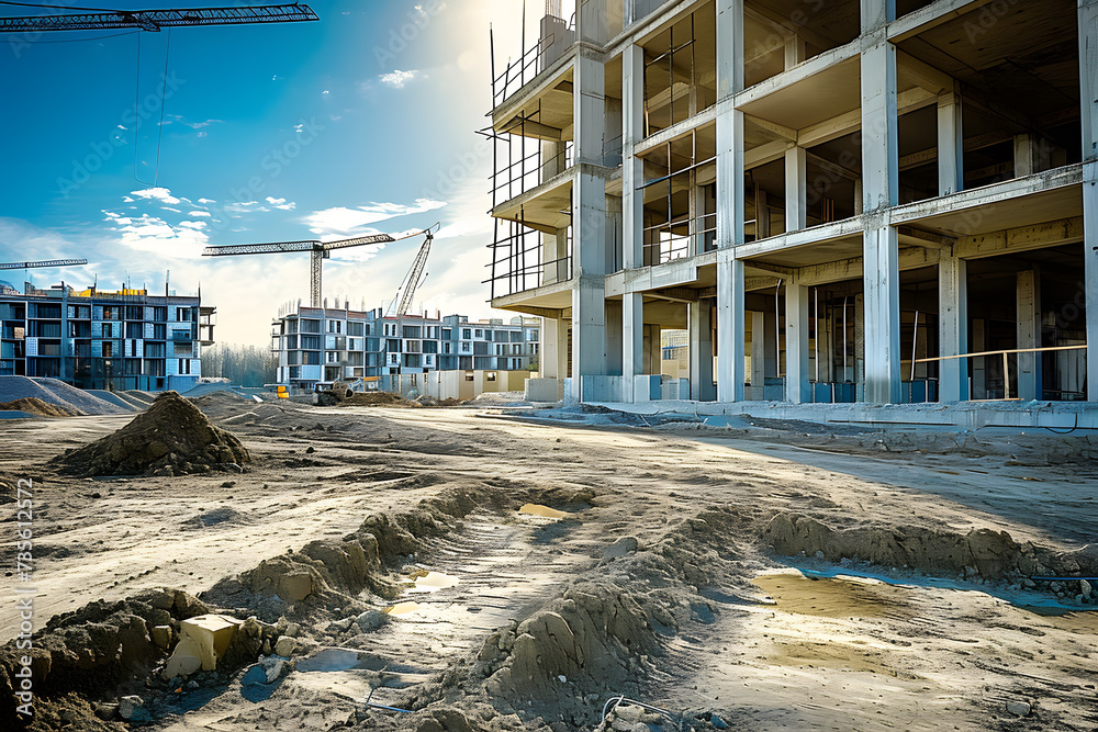 New multistory apartment buildings under construction with cranes on ...