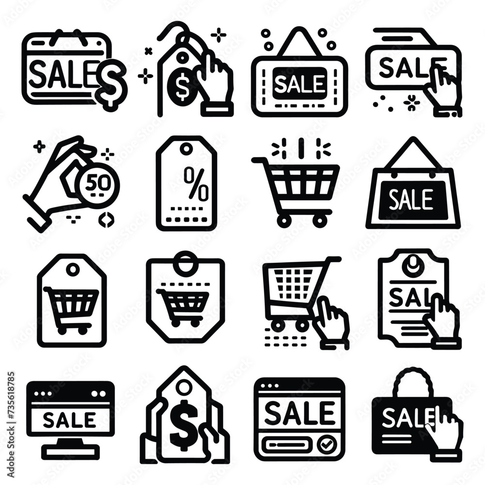 Sale Icon set on white background in black outline. Vector icons in ...