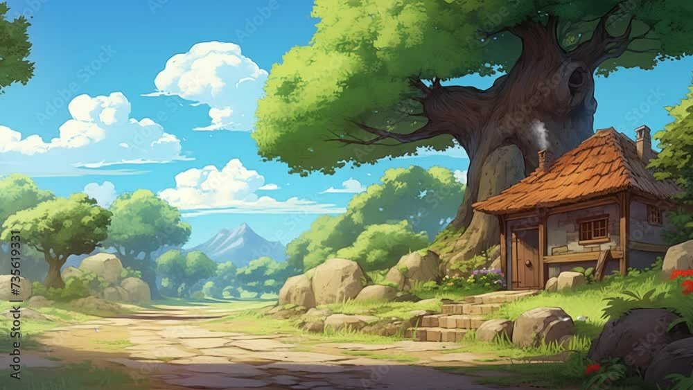 Animated illustration of a rural scene with traditional house buildings ...