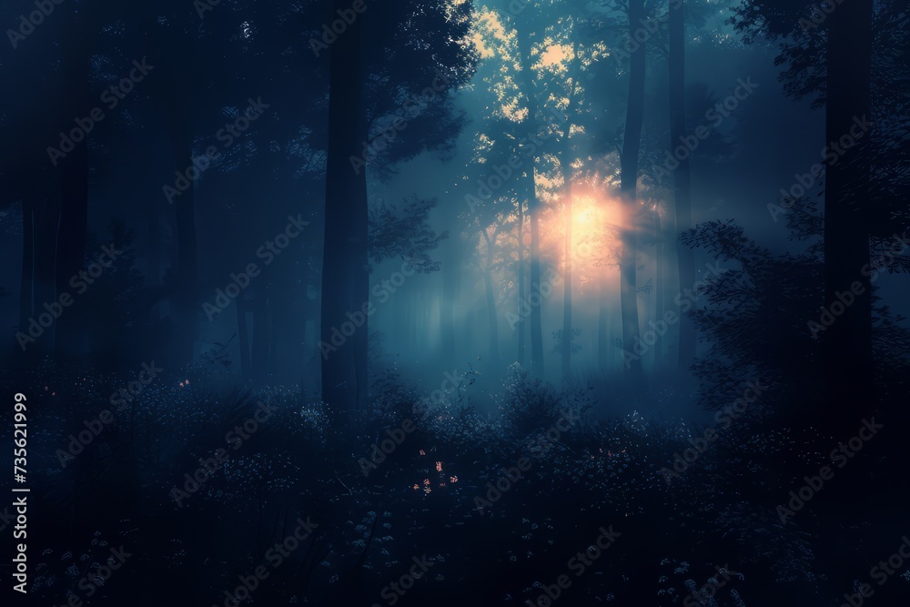 night forest with fog background. Fantasy landscape forest at night ...