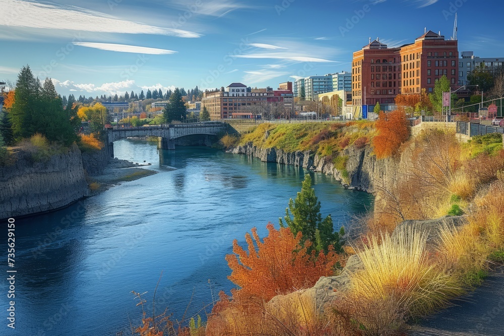 Scenic vista of urban Spokane, Washington with its downtown and ...