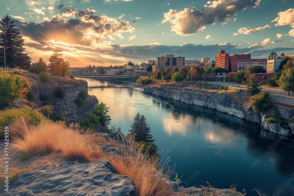 Scenic vista of urban Spokane, Washington with its downtown and ...