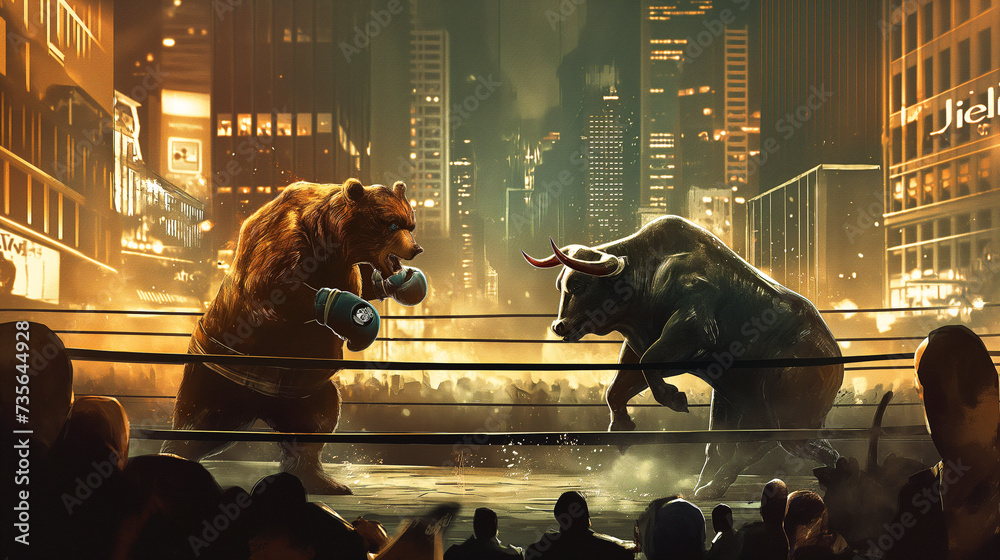 bear and a bull wearing boxing gloves are in a boxing ring with an ...