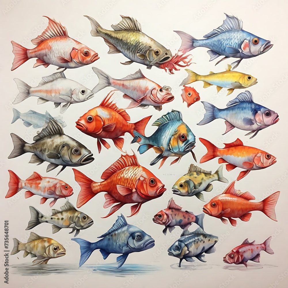 Cartoon drawings of various types of fish Stock Photo | Adobe Stock