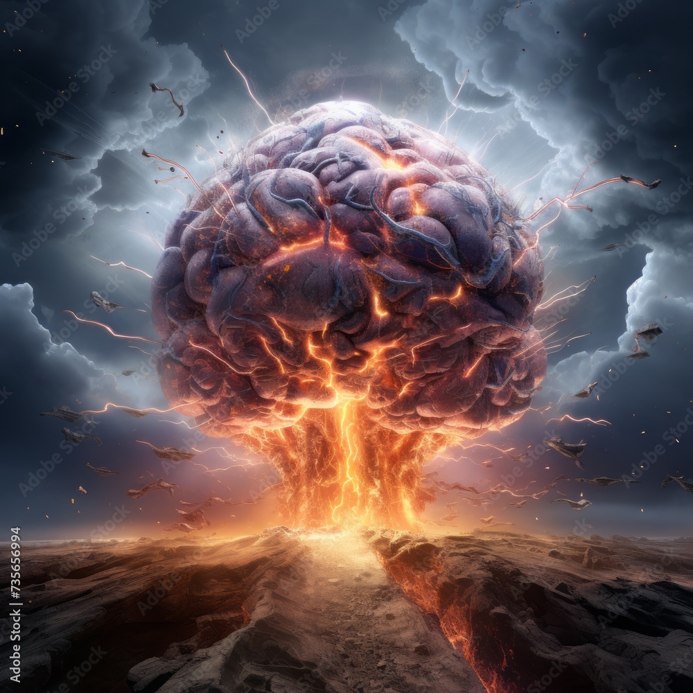 Concept art of a human brain exploding with knowledge and creativity ...