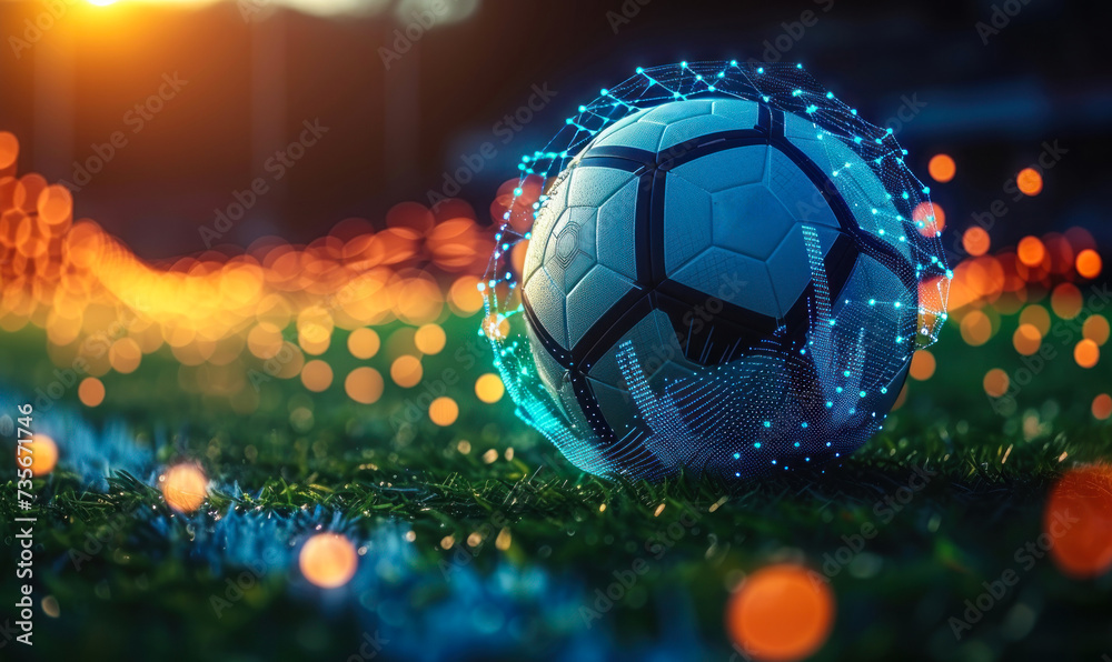 Dynamic soccer ball on field with digital analysis graphics, depicting ...