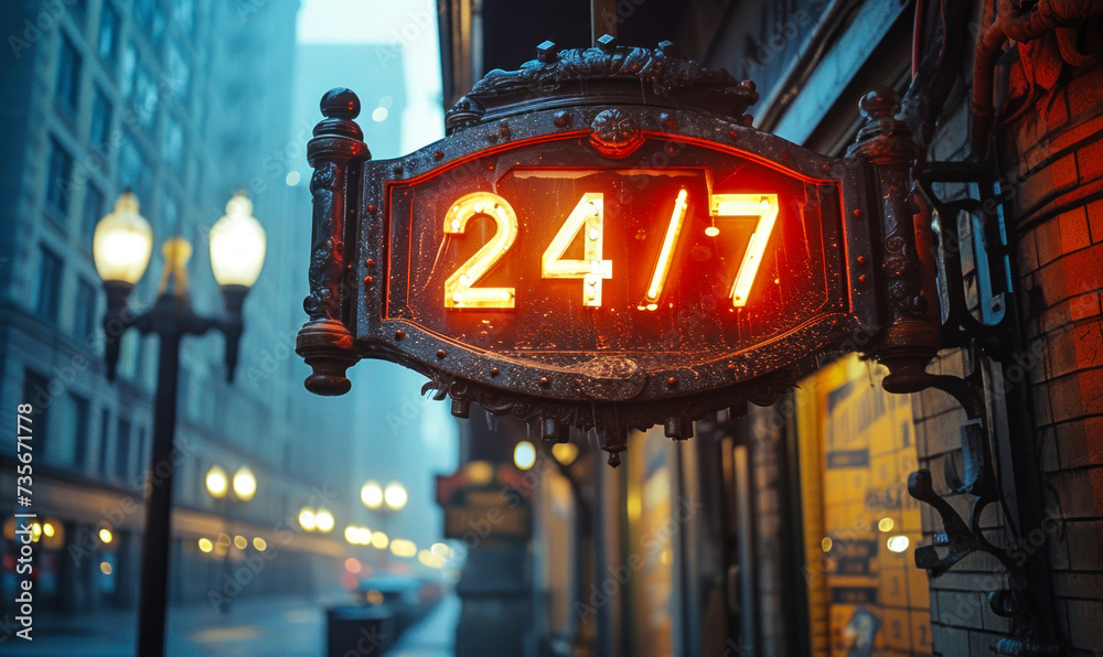 Illuminated vintage '24/7' sign hanging on a rainy evening, glowing ...