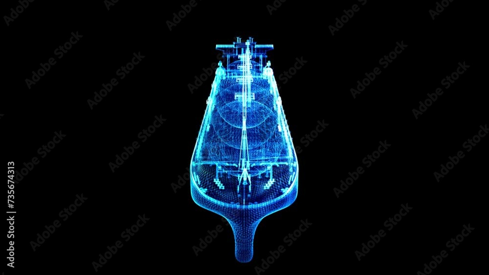 Gas carrier LNG. Blue particle and lines form 3d model Gas tanker ...