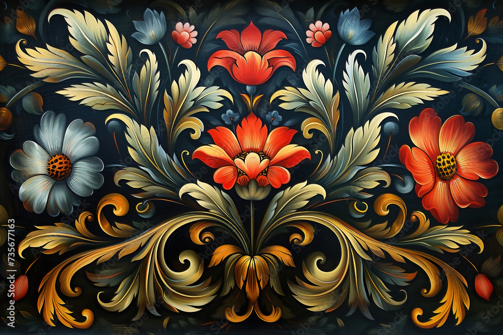 Norwegian Scandinavian rosemaling traditional handpainted folk art in bright floral patterns ...