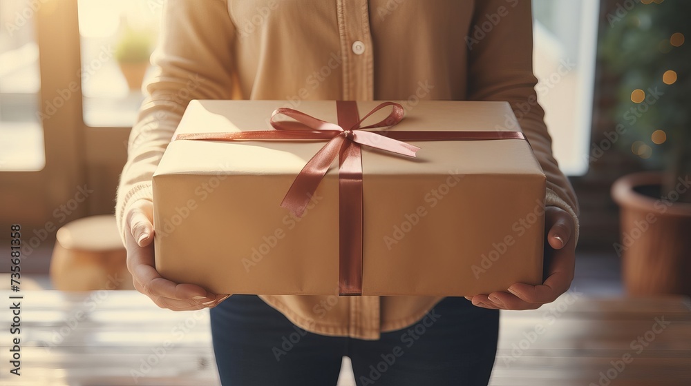 A young woman opens up a box, surprised and happy to see their order ...