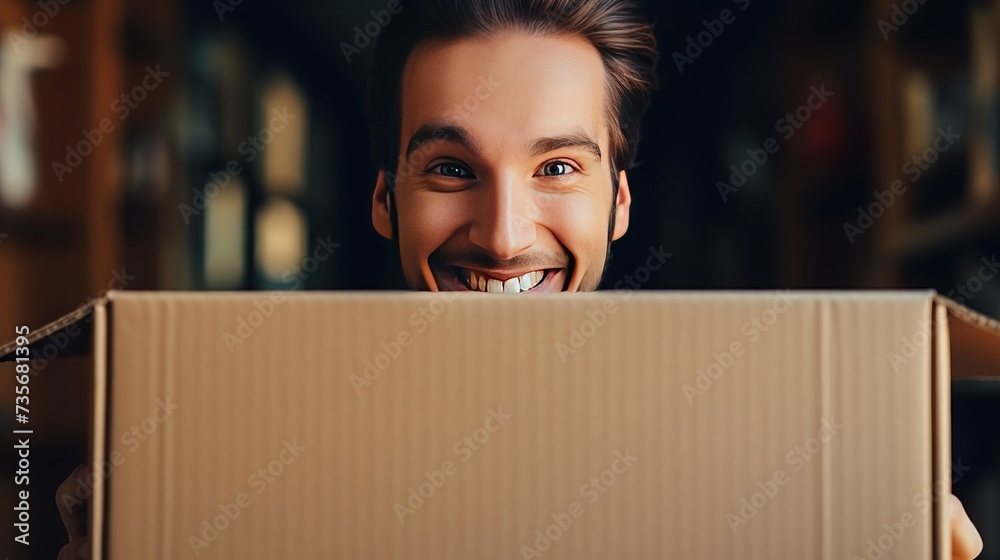 A young woman opens up a box, surprised and happy to see their order ...
