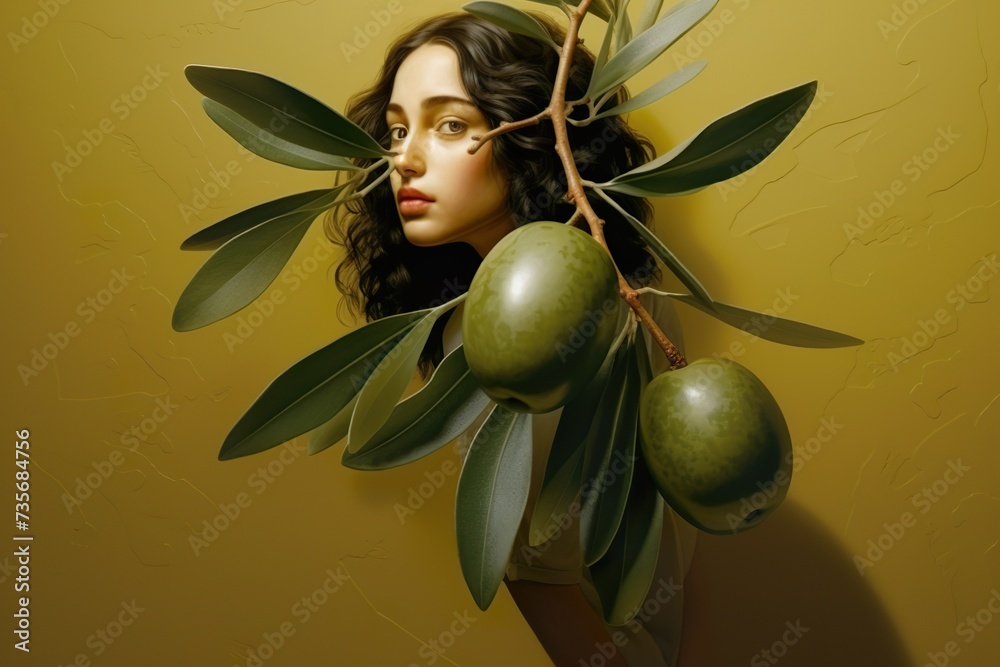 portrait of a women photographed at studio with olives and olive tree ...
