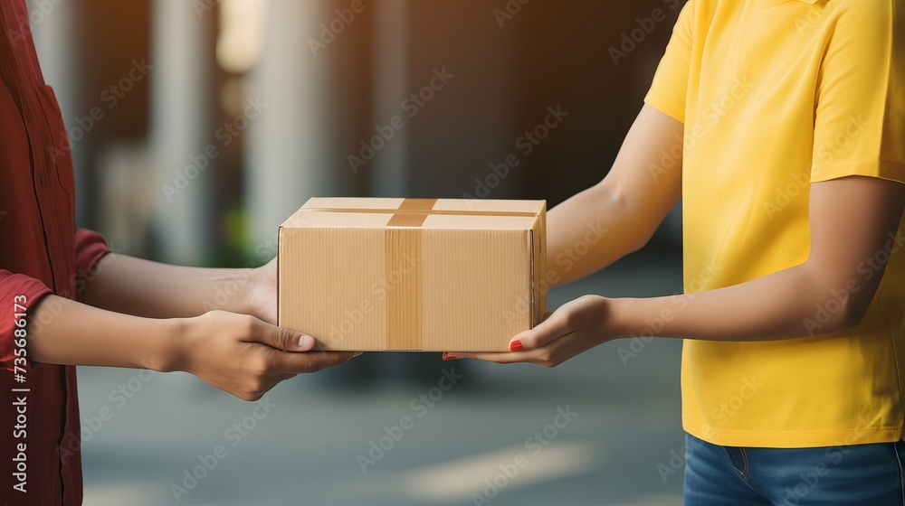 Parcel delivery man of a package through a service. and close up hand ...